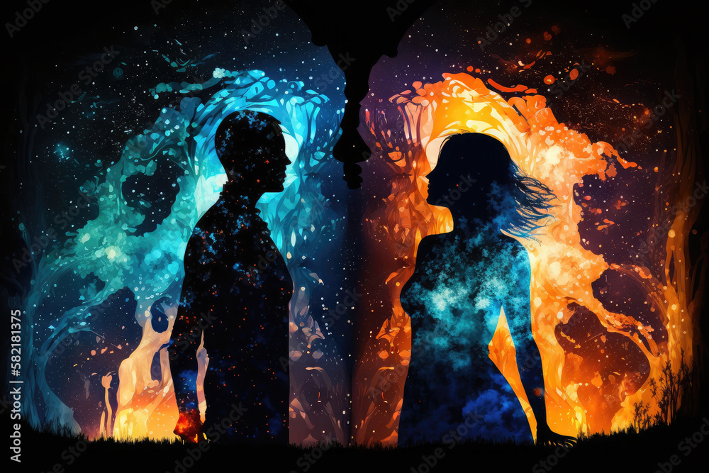 Astral body man and woman silhouettes face to face neural network AI ...