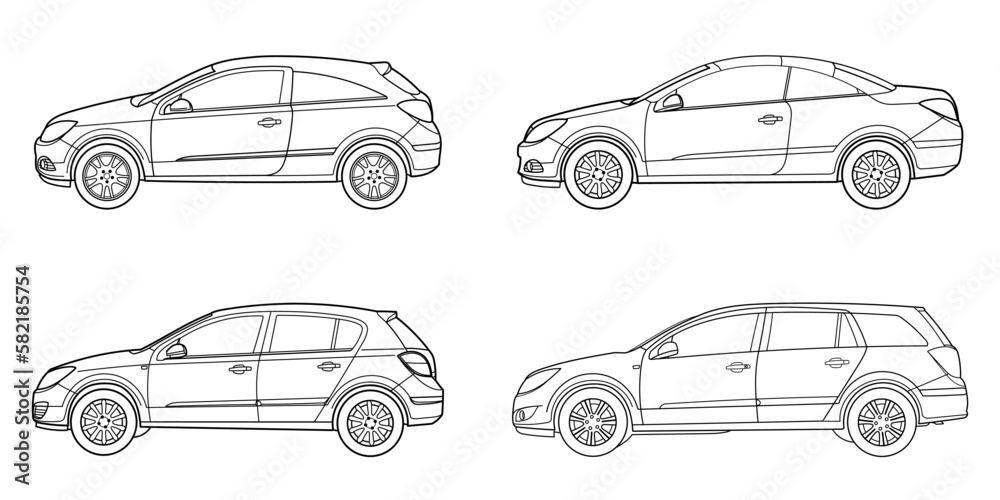Set of classic car body types. Different four body shot - coupe ...