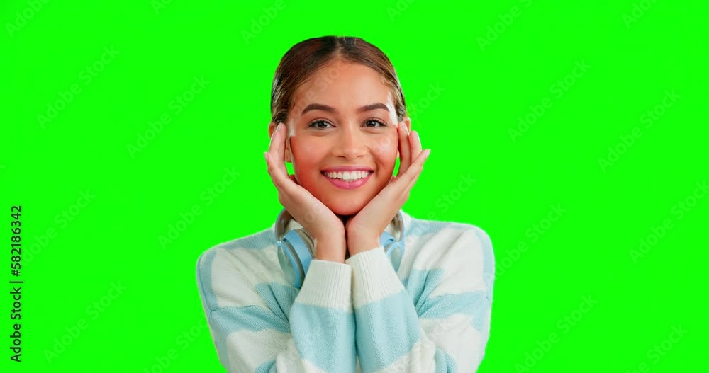 Woman, happy and shock face by green screen studio background with ...