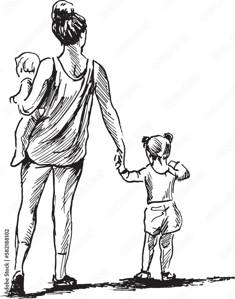 Hand drawn sketch of a mother with two children. Vector illustration ...