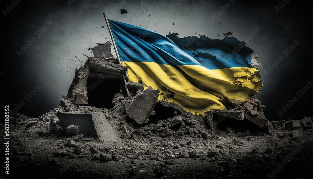 Generative AI, Ruined Ukraine banner, Ukrainian flag on broken concrete ...