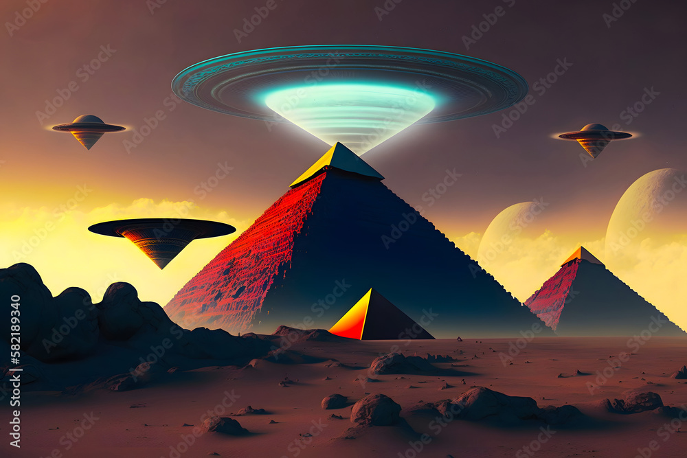 Flying saucers of aliens of alien civilizations in the sky above the Majestic Pyramids in Giza ...