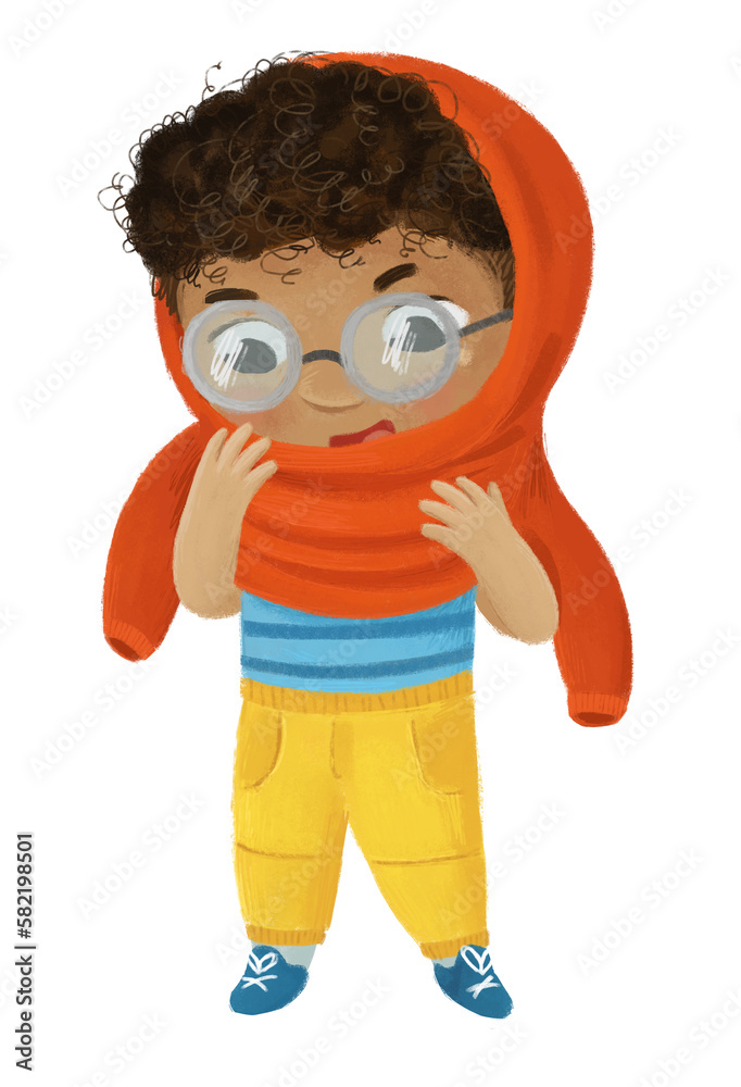 cartoon child kid boy taking off or putting on autumn clothes by him ...