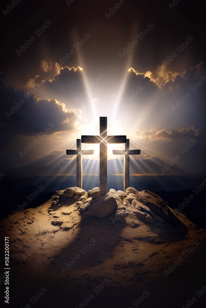 Three Christian crosses at top of mountain, dramatic sunbeams as ...