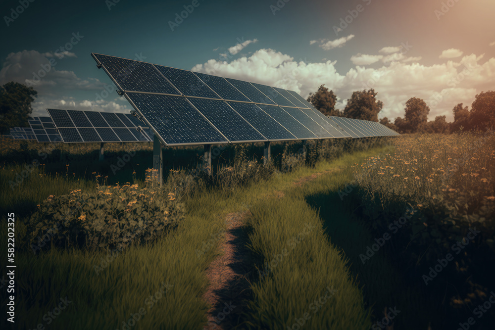 Solar panels in green nature at sky with clouds background AI generated ...