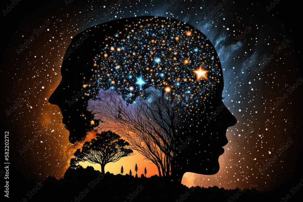 Meditation concept with human head silhouette glowing esoteric neurons ...