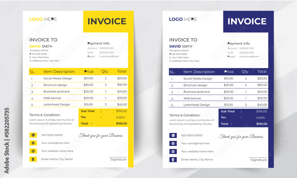 Business invoice form template. Invoicing quotes, money bills or price ...