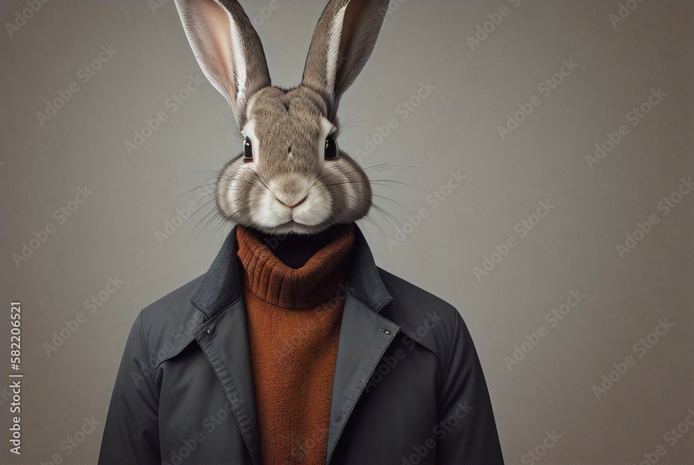 Rabbit head with human body with jacket on the shoulders and a sweater ...