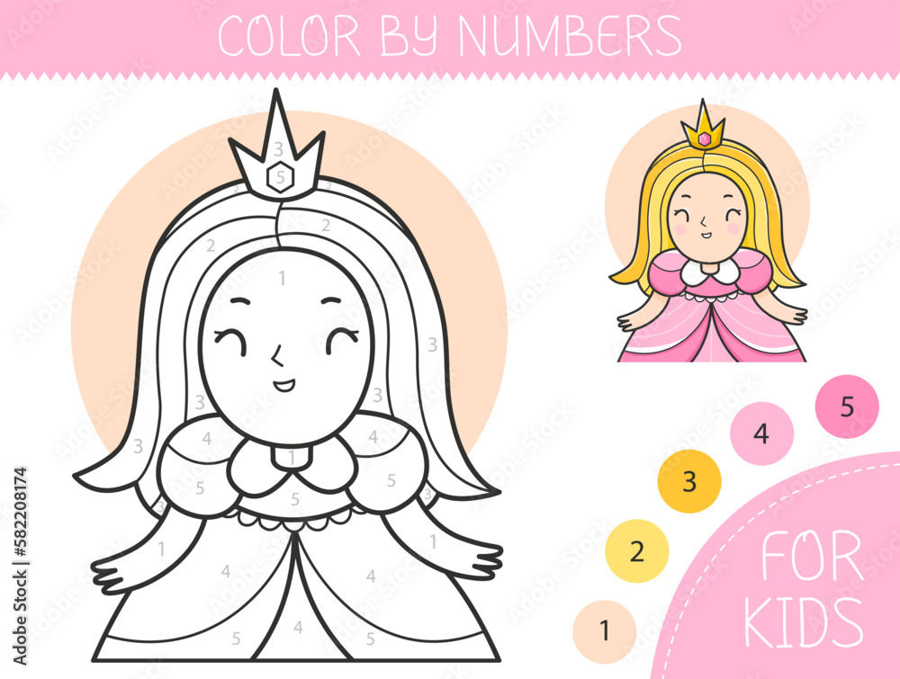 Color by numbers coloring page for kids with princess. Coloring book ...