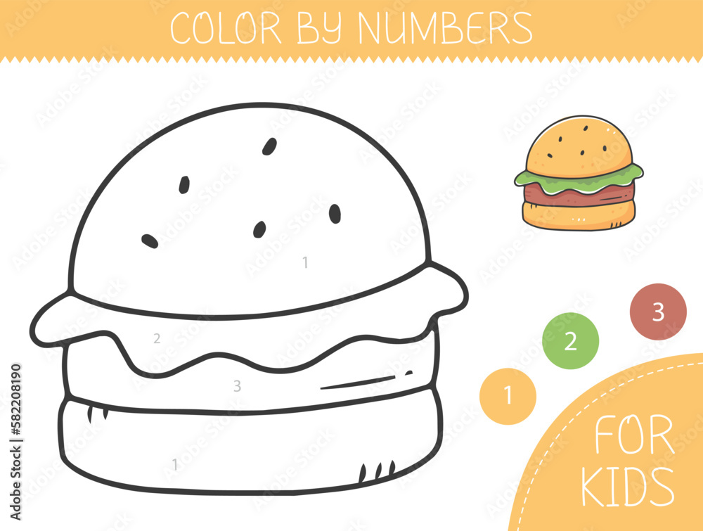 Color by numbers coloring page for kids with burger. Coloring book with ...