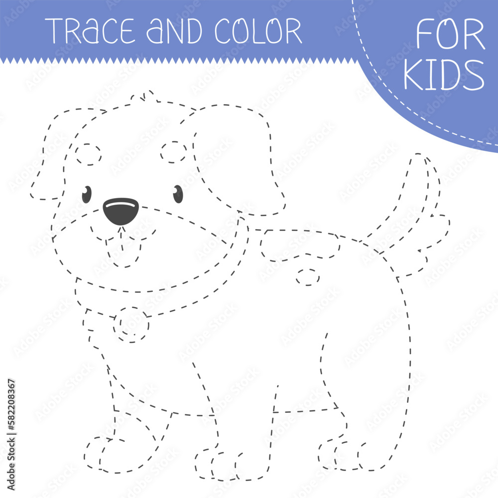 Trace and color coloring book with dog for kids. Coloring page with ...