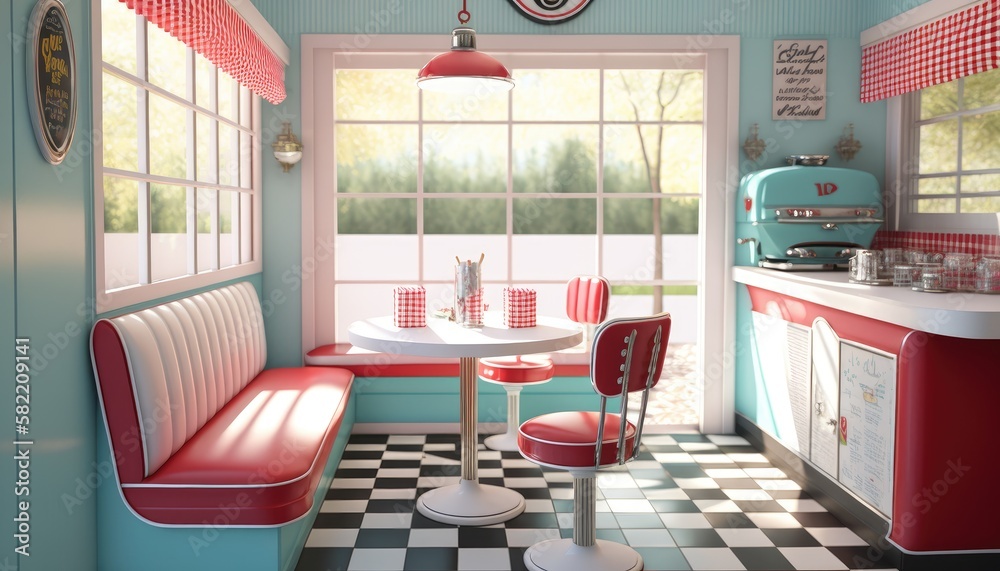A retro-style outdoor dining room set in a 1950s-inspired diner ...
