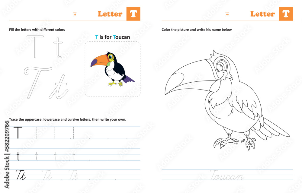 Letter T - Tracing and coloring letters: Animals by alphabet series ...