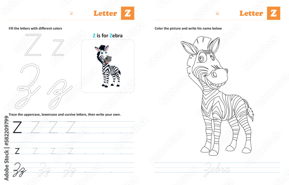 Letter Z - Tracing and coloring letters: Animals by alphabet series ...