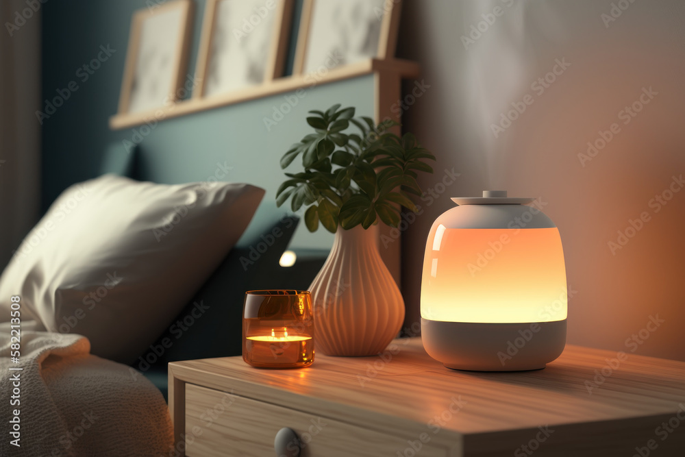 Ultrasonic electronic aroma diffuser on a bedside table in a modern ...