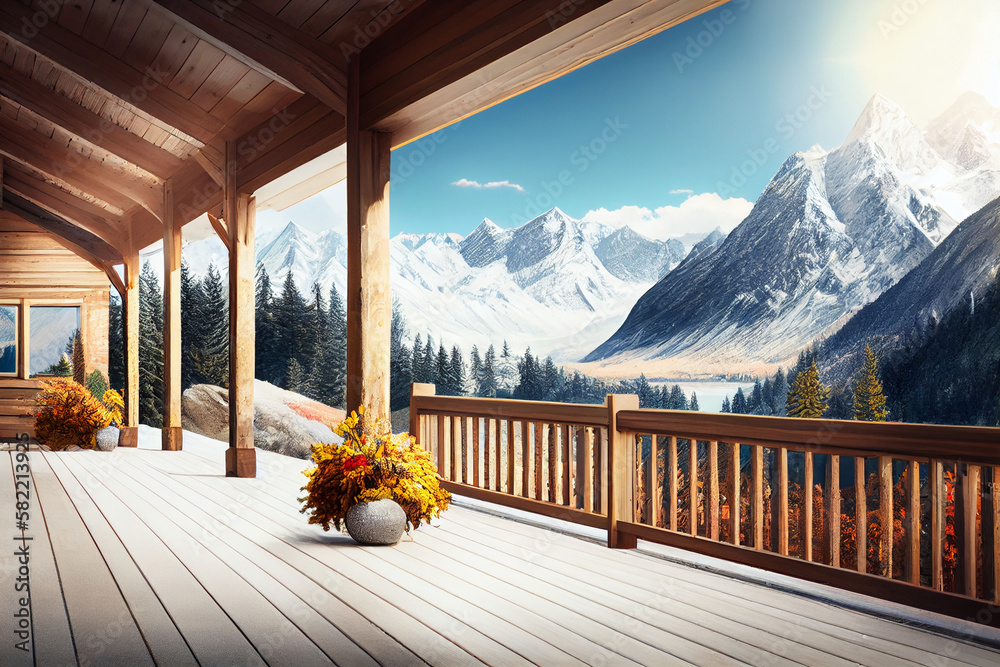 Huge chalet style terrace. Wooden house in the mountains with a view of ...