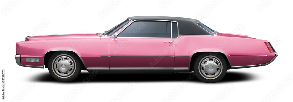 Vintage car side view isolated on white background. Pink convertible ...