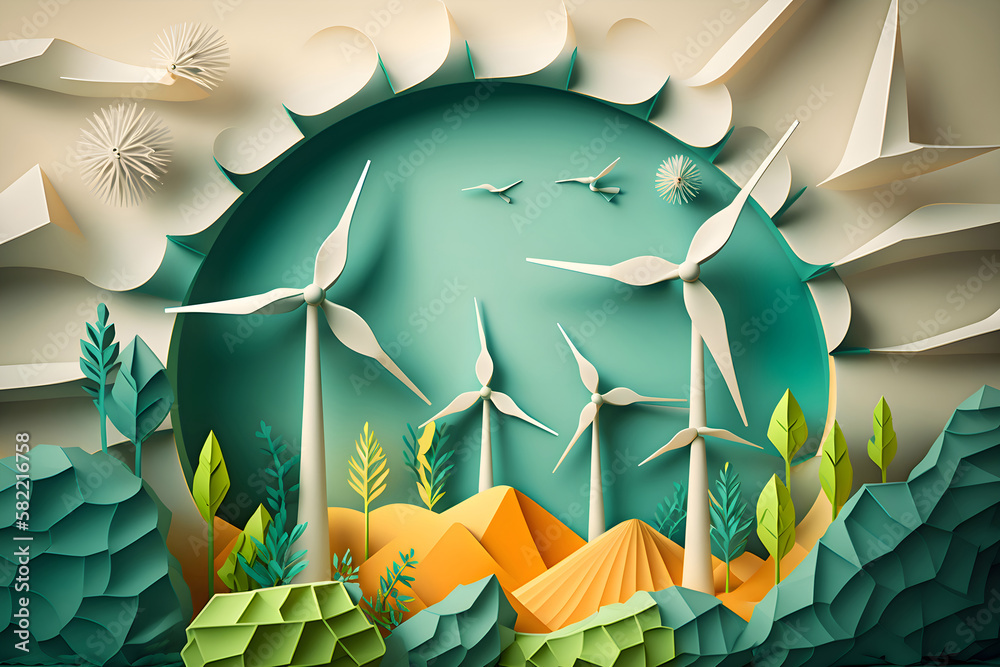 Paper art , renewable energy with green energy as wind turbines ...