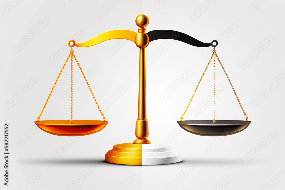 Golden balance scale with black one and white one on each side of the ...