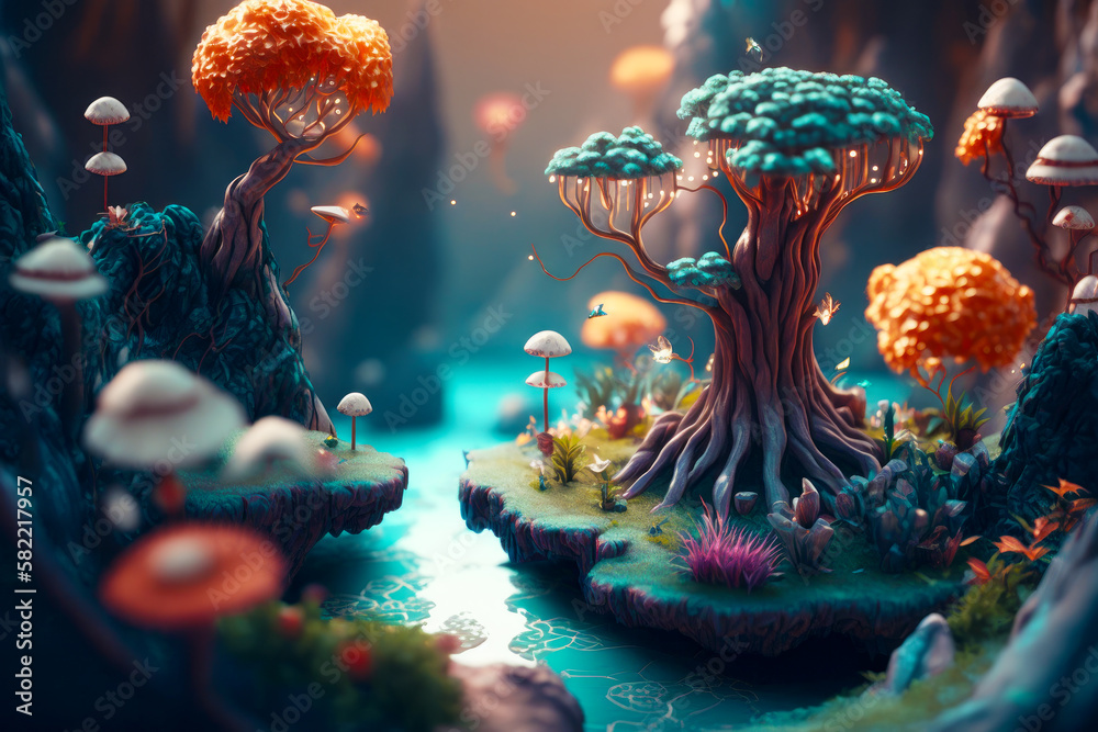Digital image of fantasy landscape with trees, mushrooms, and stream of ...
