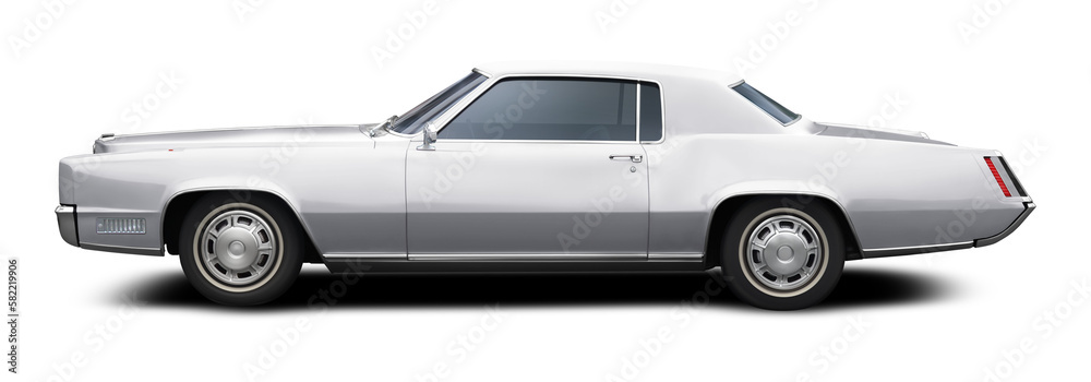 Vintage car side view isolated on white background. The coupe is all ...