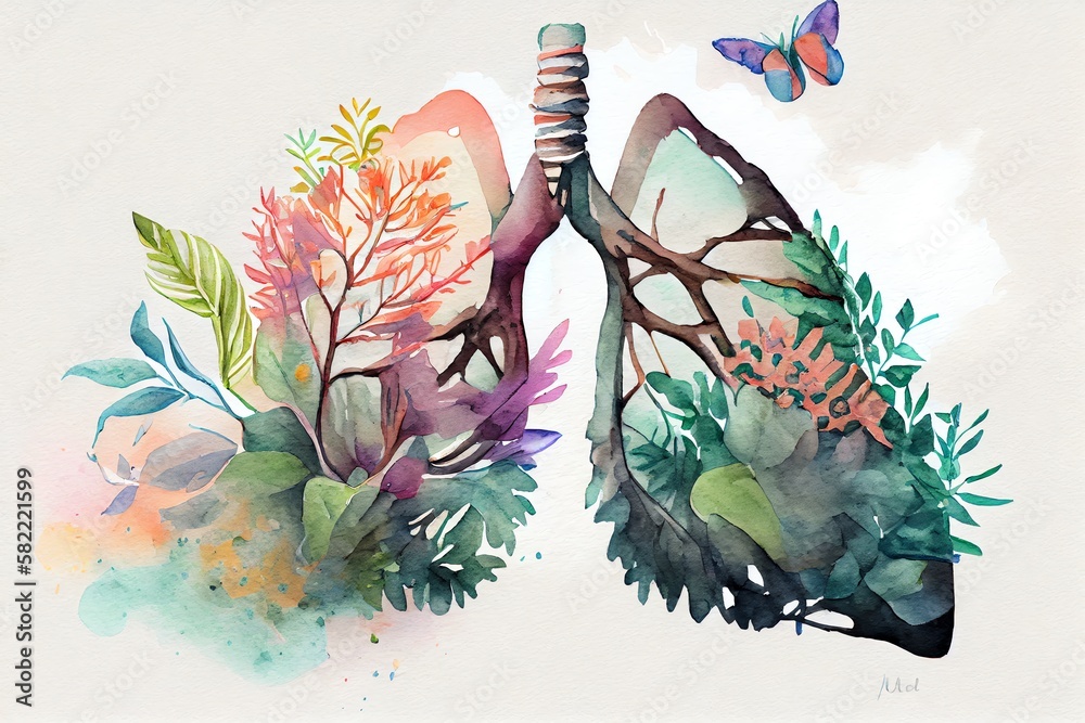 Watercolor Illustration of a Holding A Lung With Flowers For Fresh ...