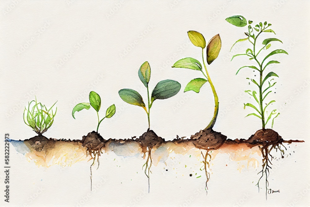Watercolor Illustration of a Close Up Of Tiny Green Seedlings Sprouting ...
