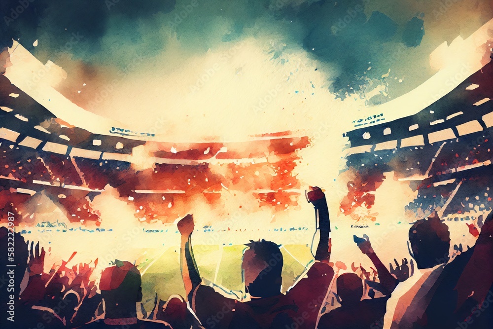 Watercolor Illustration of a Cinematic Football Stadium Background With ...