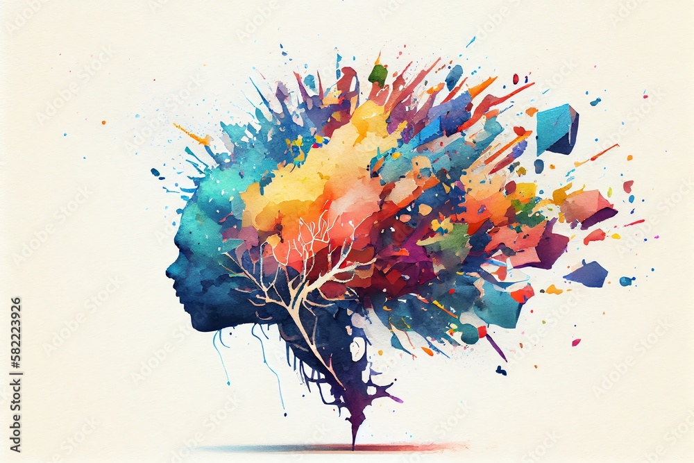 Watercolor Illustration of a A Brain Bursting Out In Colorful Particles ...