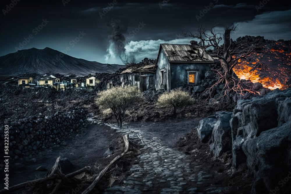 Destroyed buidings in city after volcano eruption. Abandoned village ...