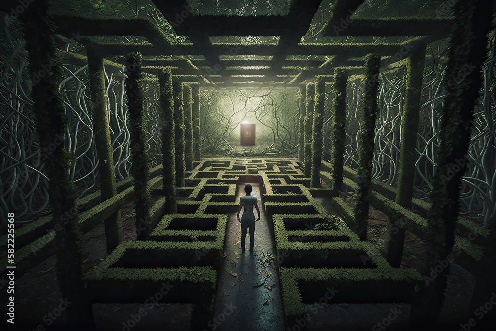 Person is looking for way out of psychedelic maze. A surreal labyrinth ...