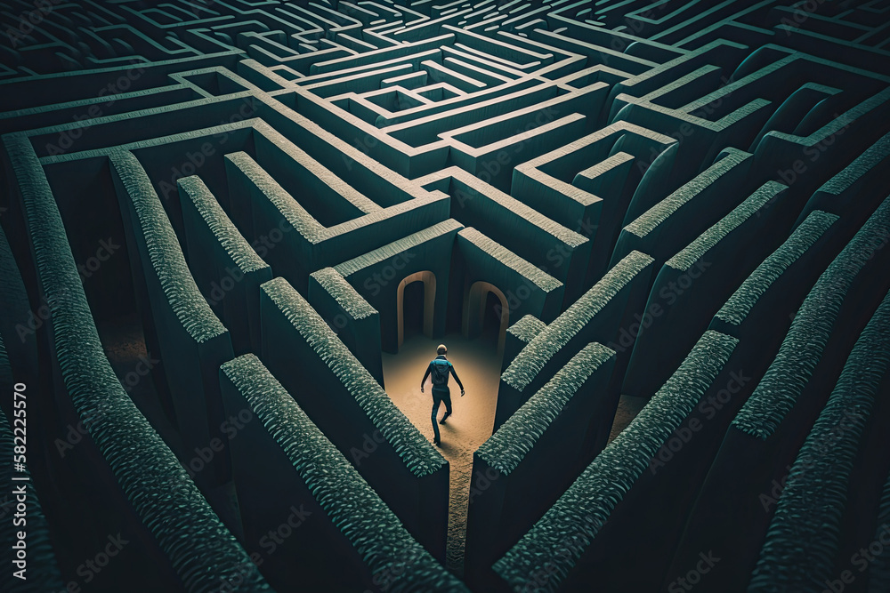 Person is looking for way out of psychedelic maze. A surreal labyrinth ...