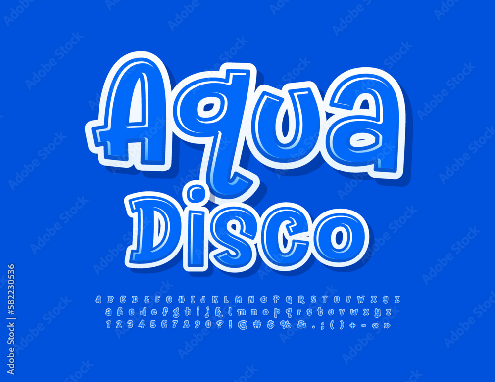 Vector event flyer Aqua Disco with Blue handwritten Font. Set of bright ...