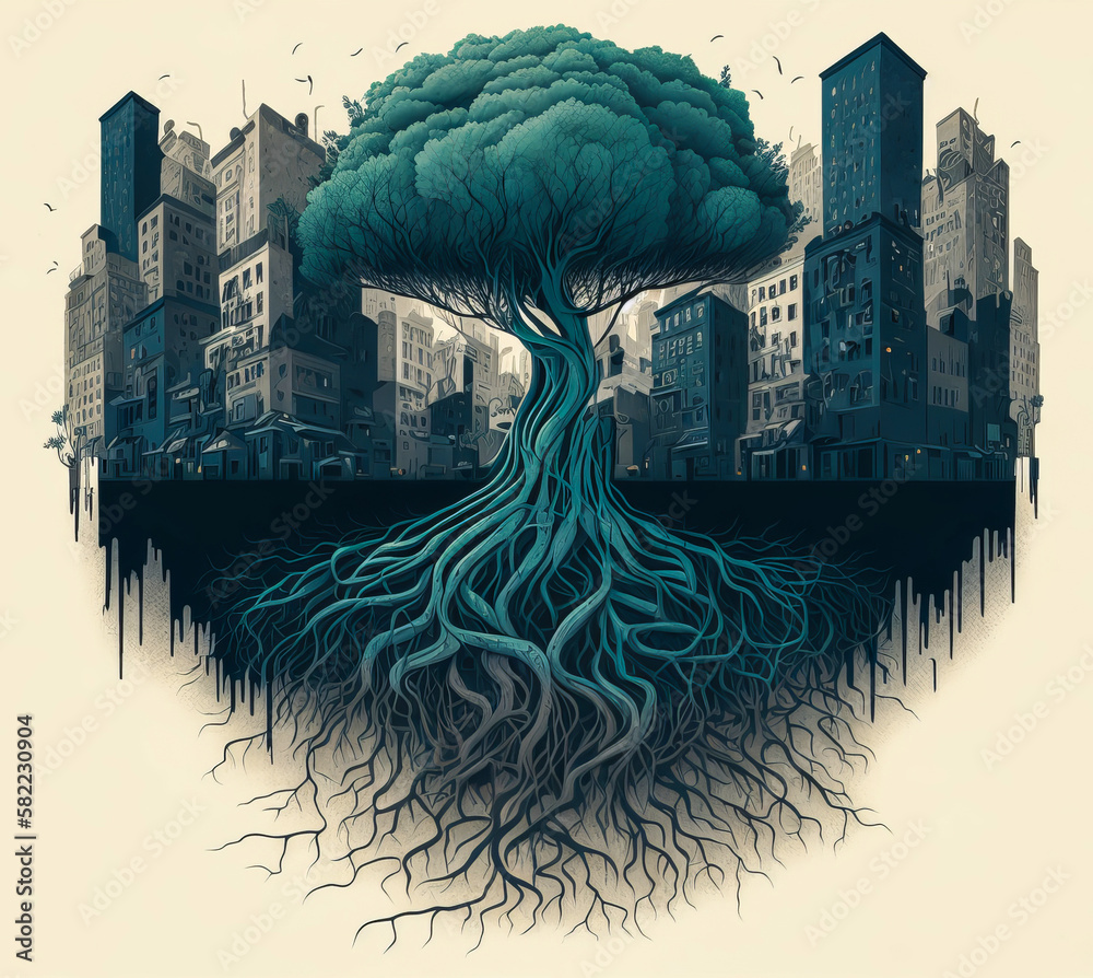 A tree with its roots in an urban landscape, highlighted by abstract ...