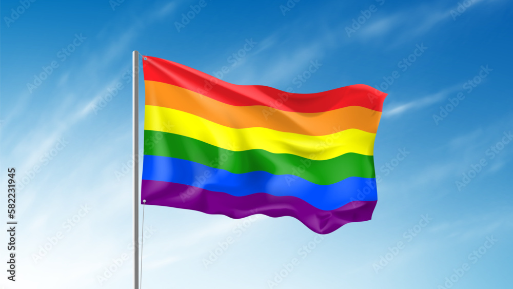 Waving rainbow flag template. Rainbow flag waving in wind at cloudy sky ...