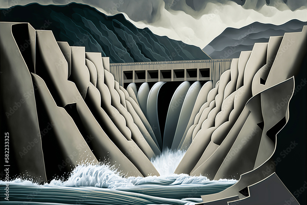 A dam in gray and brown is depicted in a plain background and water in ...