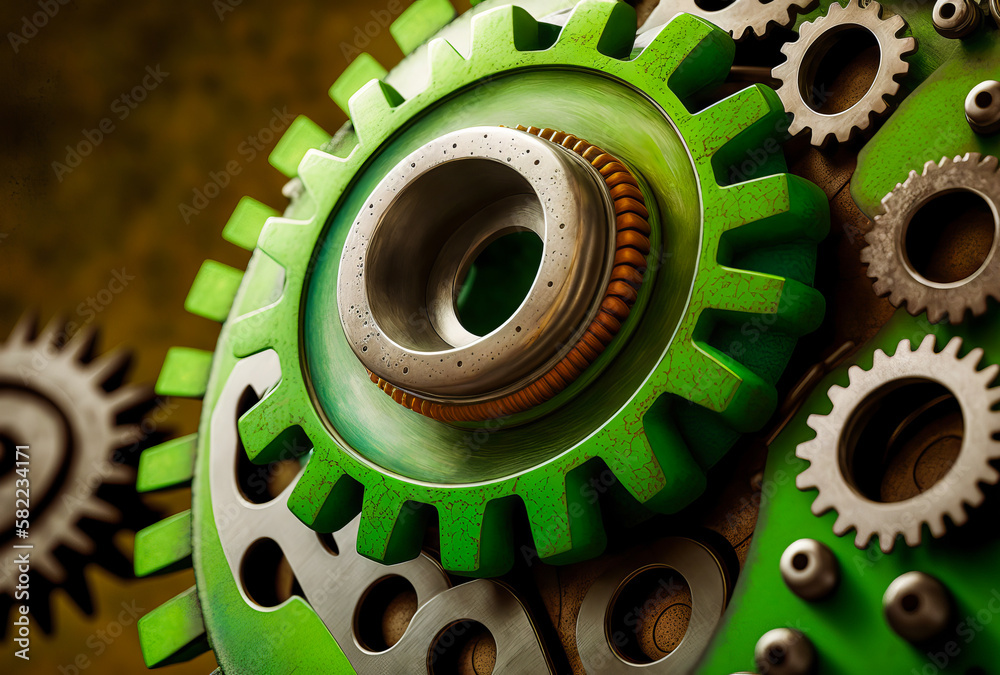 Recycled gear and cog wheel in green, brown and silver metal, in an ...