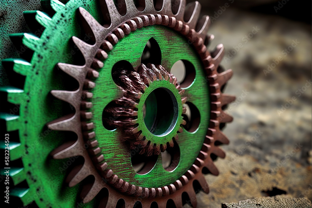 Close-up of a recycled aesthetic in industrial mechanics: cogwheel and ...