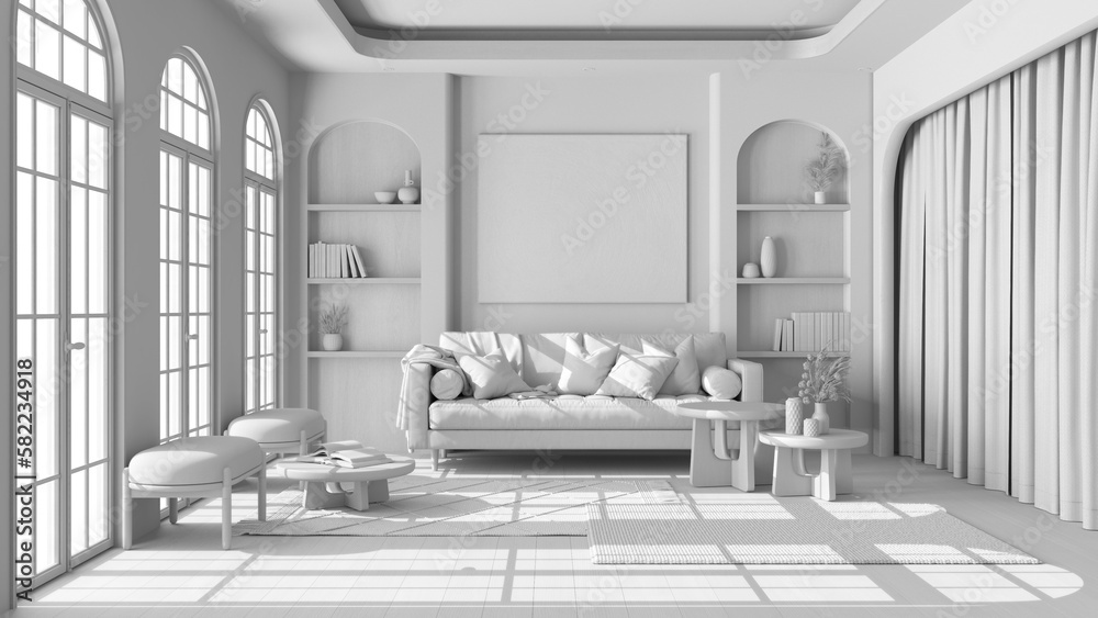 Total white project draft, modern wooden living room with parquet and ...