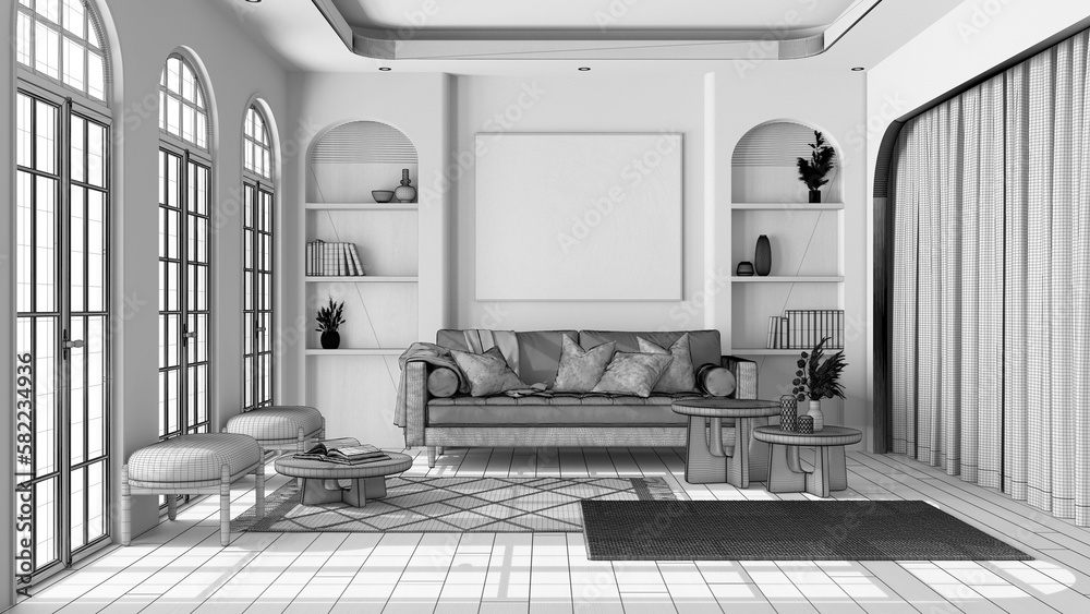 Blueprint unfinished project draft, modern wooden living room with ...