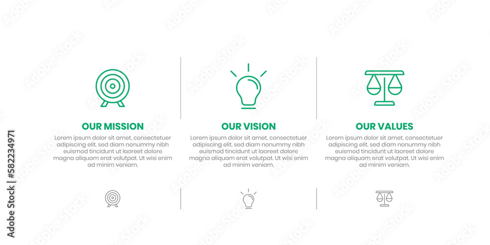 Mission, Vision and Values of company with text. Company infographic ...