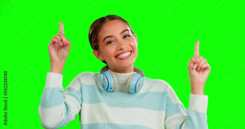 Video Stock Green screen, gen z woman and pointing up with smile ...