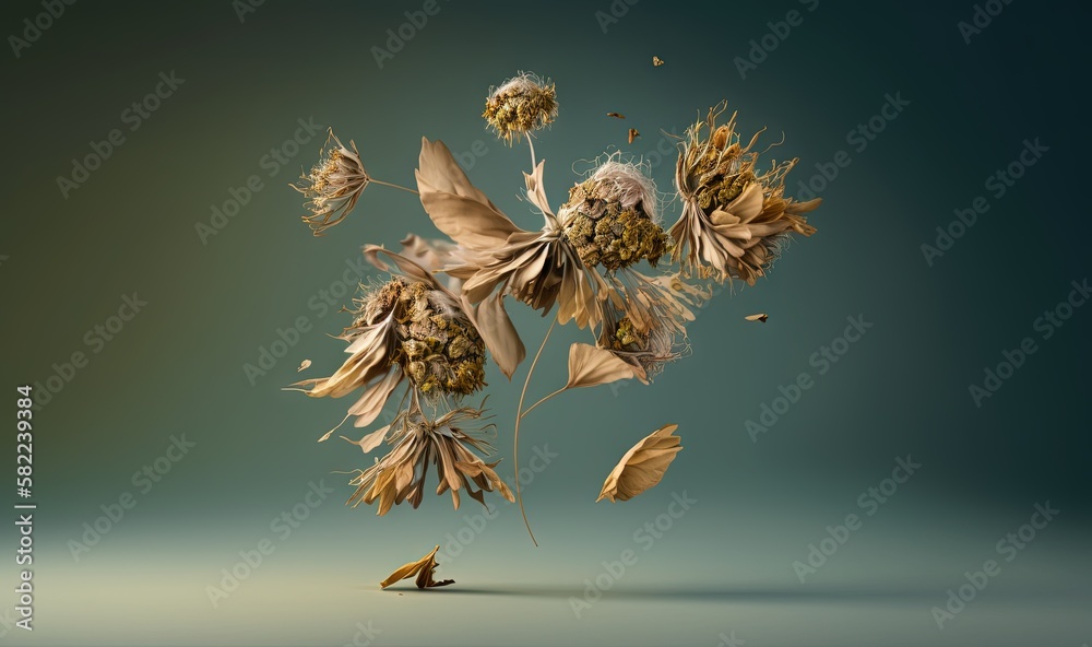 a bunch of flowers that are flying in the air with a person's feet on ...