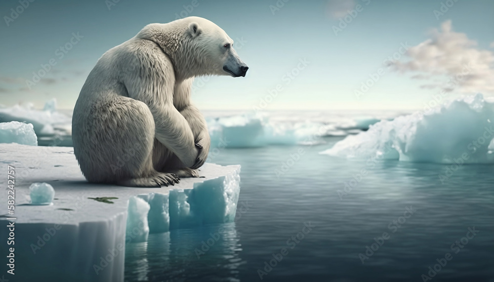 White polar bear sad about global warming and melting glaciers. Climate ...