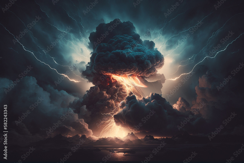 Dramatic Storm clouds with lightning strikes and dark atmosphere. Giant ...