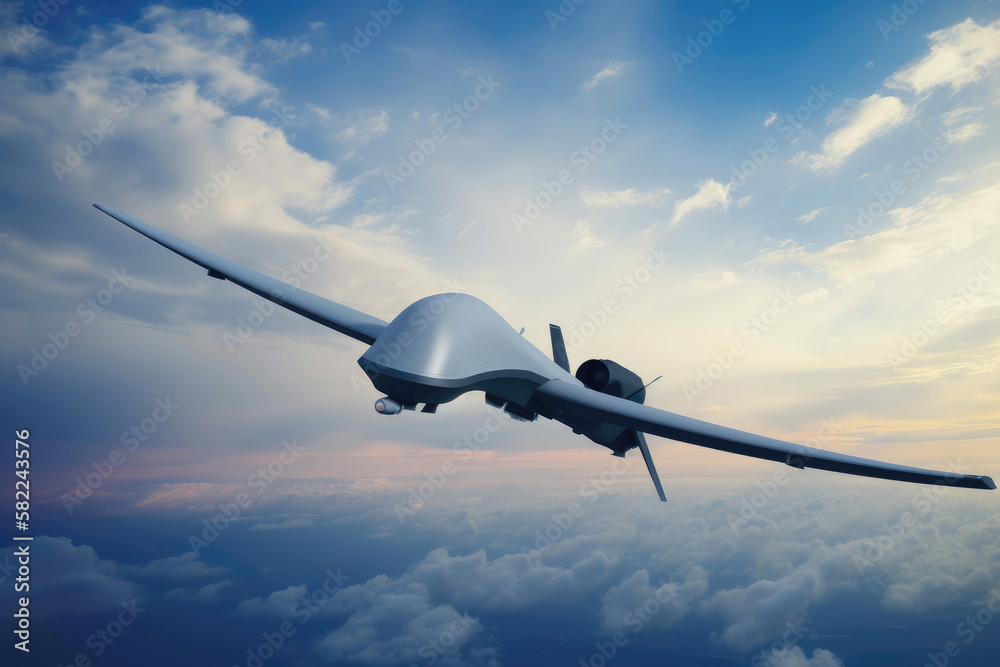 Military reconnaissance drone flies high in the sky. Created with ...