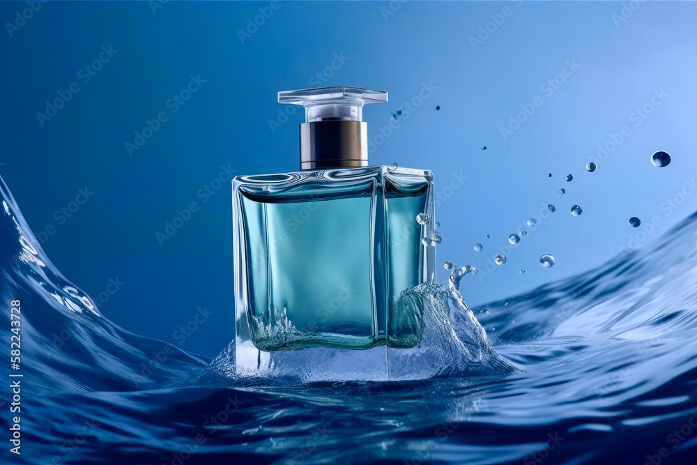 Perfume bottle in water splash. Summer fragrance in perfumery with a ...