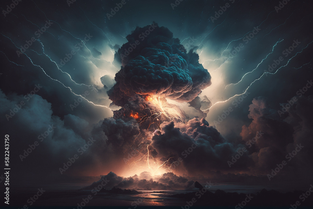 Dramatic Storm clouds with lightning strikes and dark atmosphere. Giant ...
