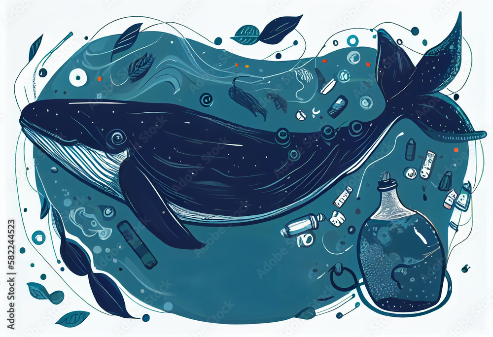 Ocean pollution vector illustration. Rubbish in a whale Ecological ...
