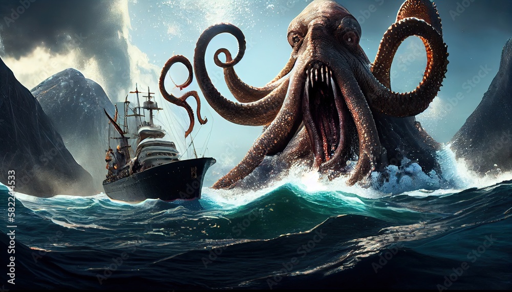 Giant octopus kraken monster attacking a ship in the ocean. Generative AI Stock Illustration ...